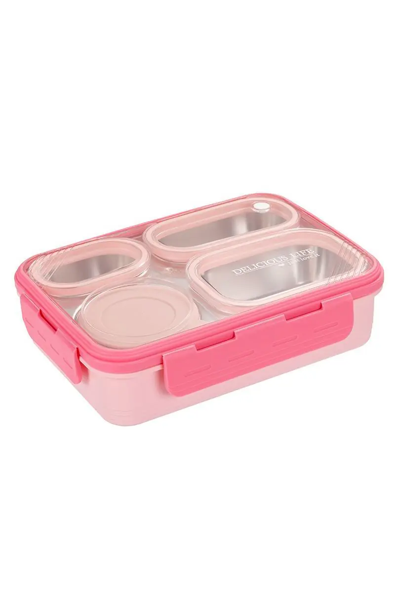 304 Çelik Pembe 950 ml 4 Bölmeli Öğrenci Ofis Yemek Mama Kabı Sefertası ...