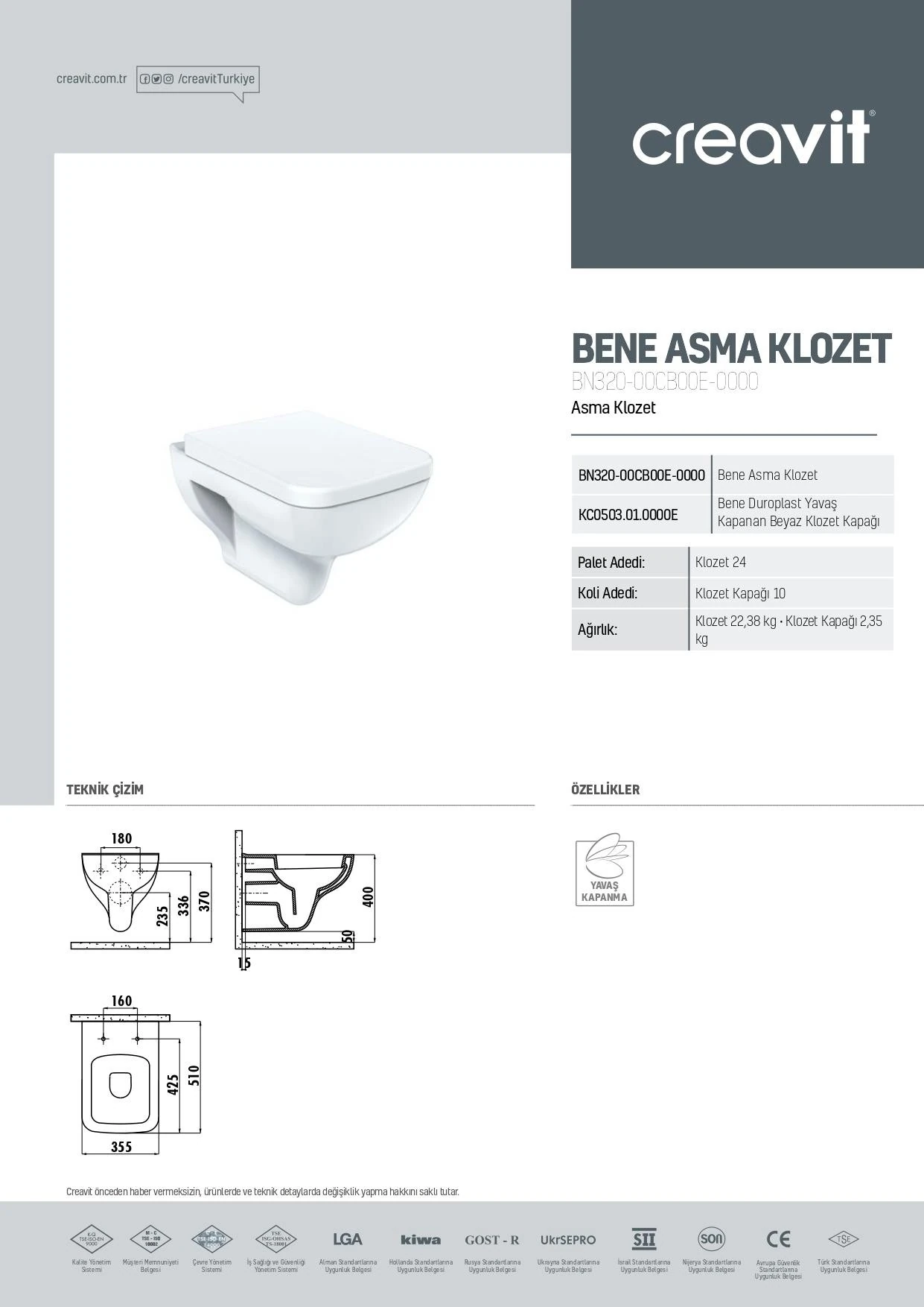 Creavit Bene Asma Klozet (BN320.00) + Bene Yavaş Kapanan Kapak 2'li Set
