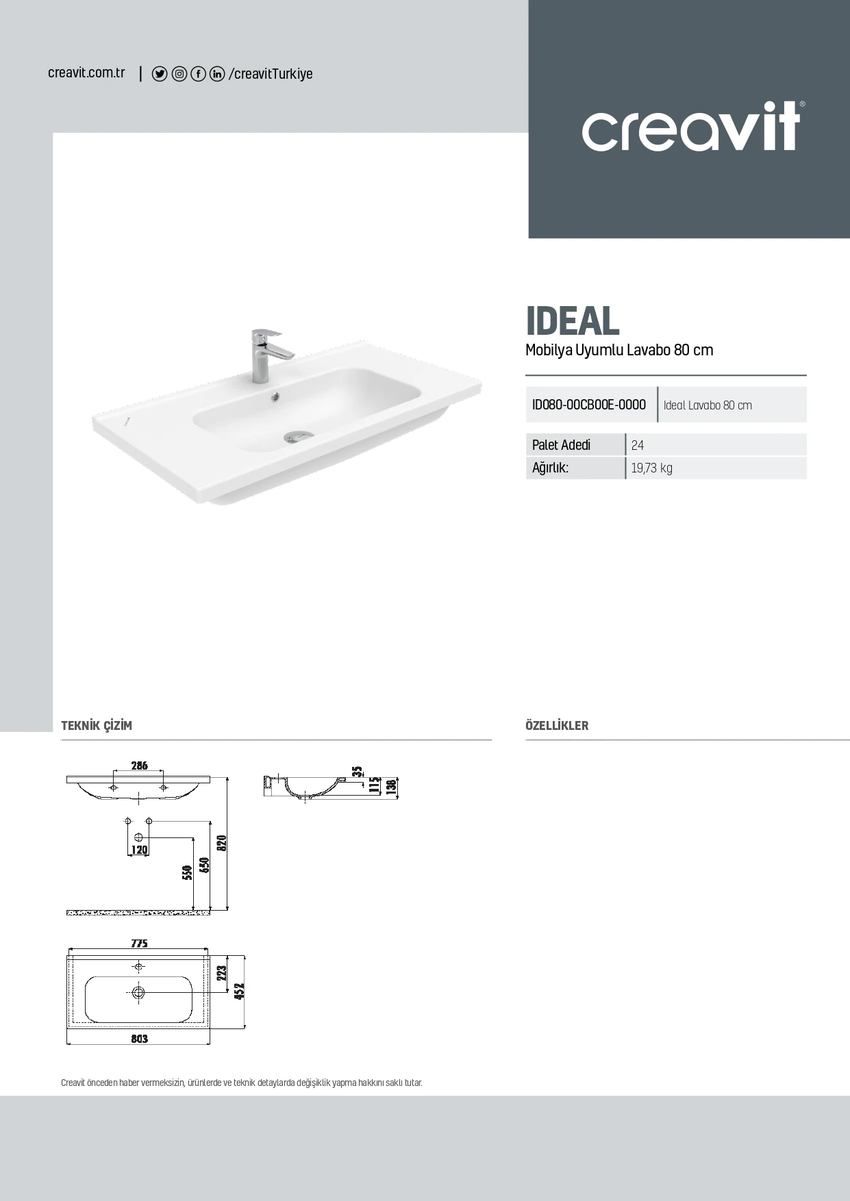 Creavit İdeal 80 cm Dolap Uyumlu Etajerli Lavabo (1.kalite) ID080.02