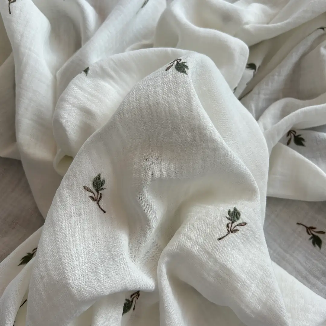 Double Layer Cotton Muslin Fabric with Crispy Flower Pattern on White ...