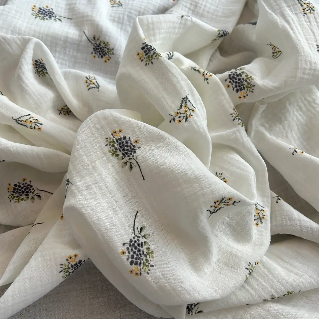 Double Layer Cotton Muslin Fabric with White Background Floral Pattern ...