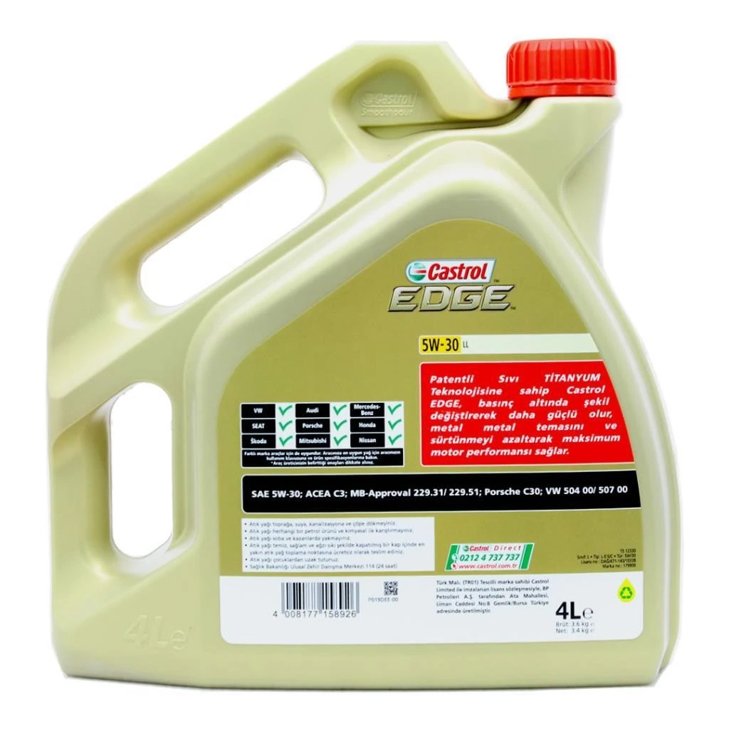 Castrol Edge Titanium 5W-30 LL 4 Lt Tam Sentetik Motor Yağı (2 Adet ...