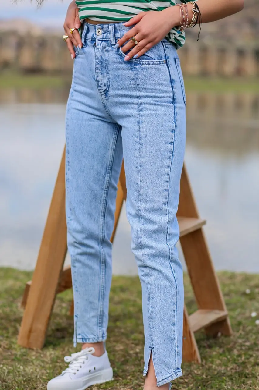 Yüksek Bel Yırtmaç Detaylı Mavi Renk Jean H8079 | ElitShoe