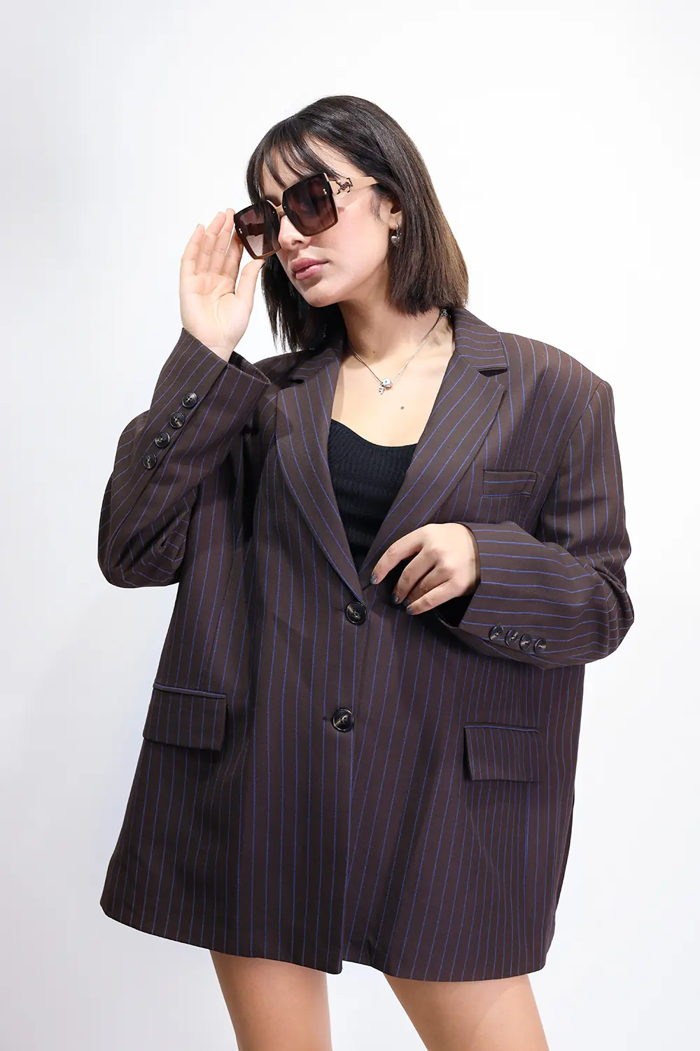 Lacivert Çizgi Detaylı Oversize Kadın Bleazer Ceket | ElitShoe