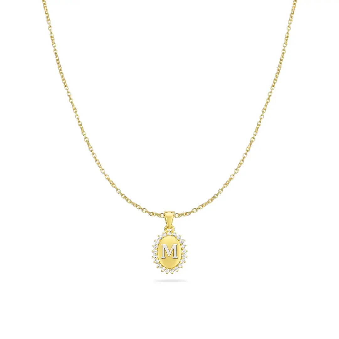 925 | Vintage Mini Kenarları Taşlı Oval Harf Kolye