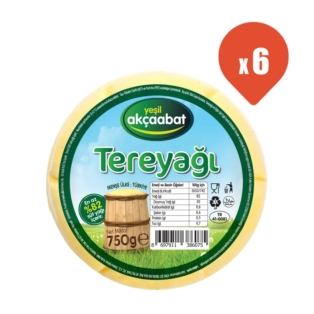 Yeşil Akçaabat Trabzon Tereyağı Tuzsuz 750 gr x 6 Adet