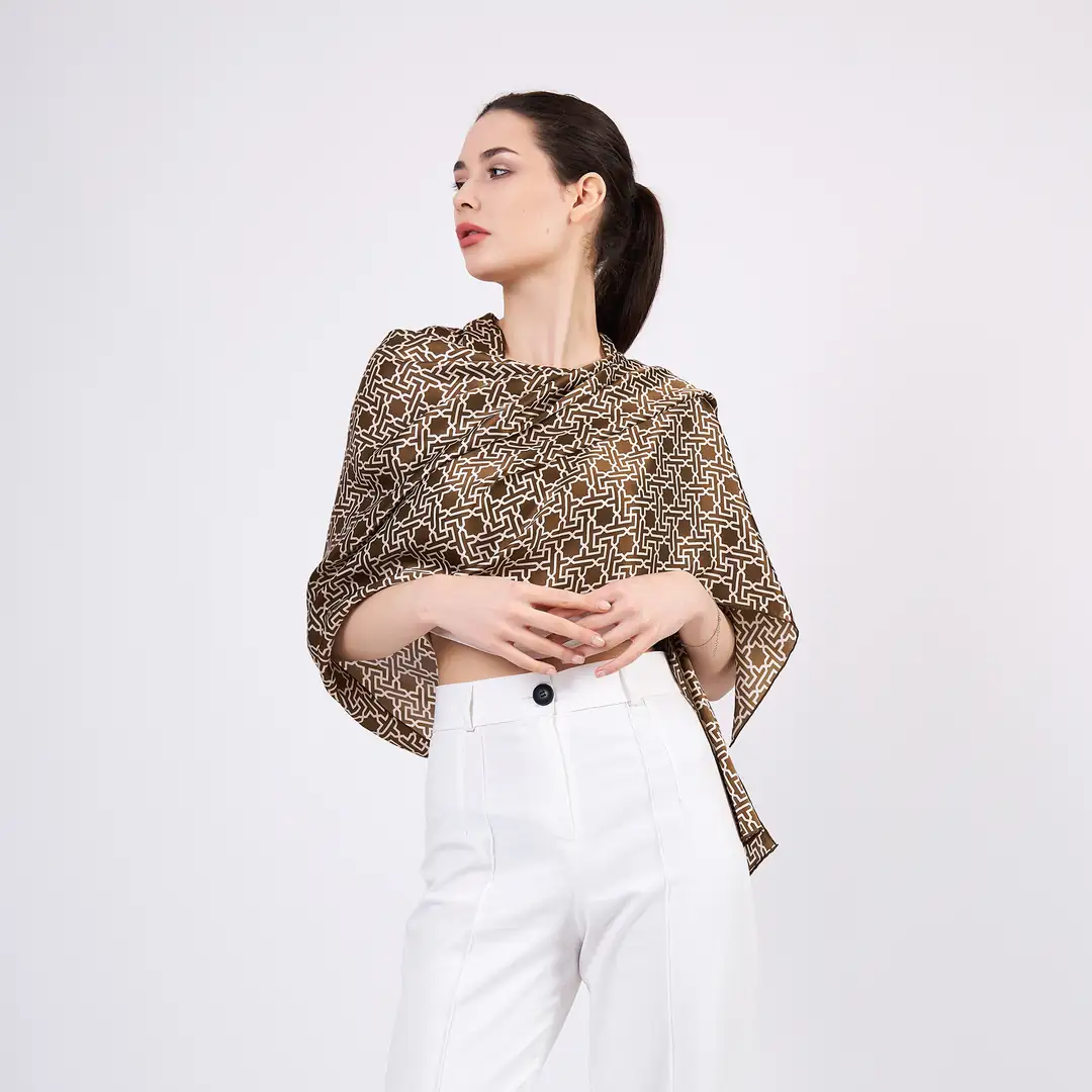 Saf İpek Fular | Bronz Kahve | Selçuklu Vektörel Yıldız Desen | Nomads Felt