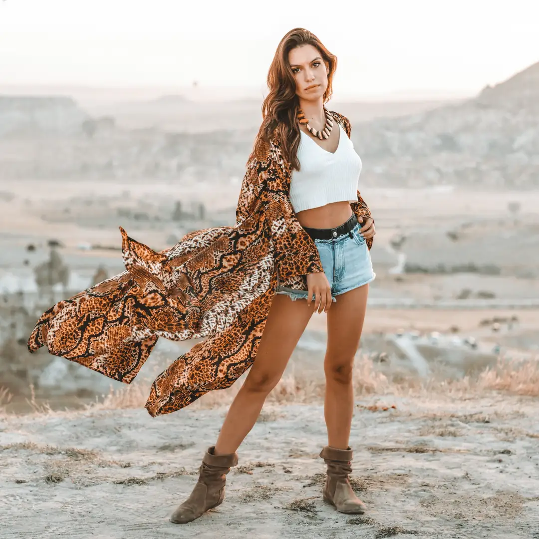 Pure Silk Long Kimono Robe | Snakeskin Pattern | Brown