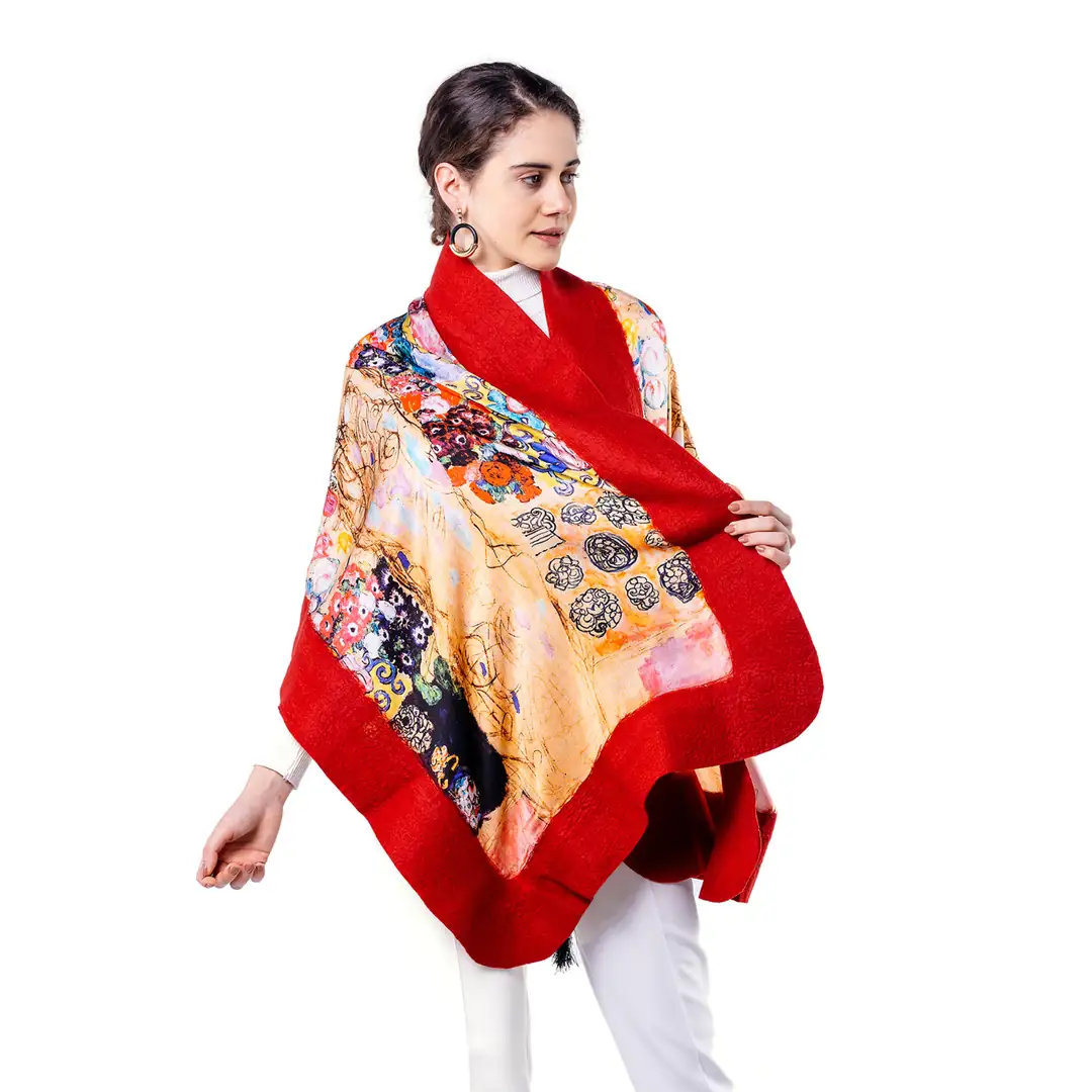 %100 Silk Felt Shawl | Gustav Klimt Maria Munk | Red | Nomads Felt