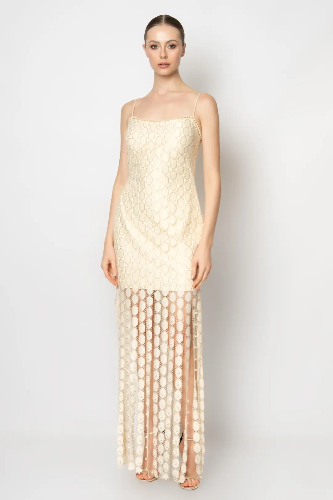 RENGIN markalı Eteği saçaklı daire desen kumaşlı abiye elbise ürününü ...