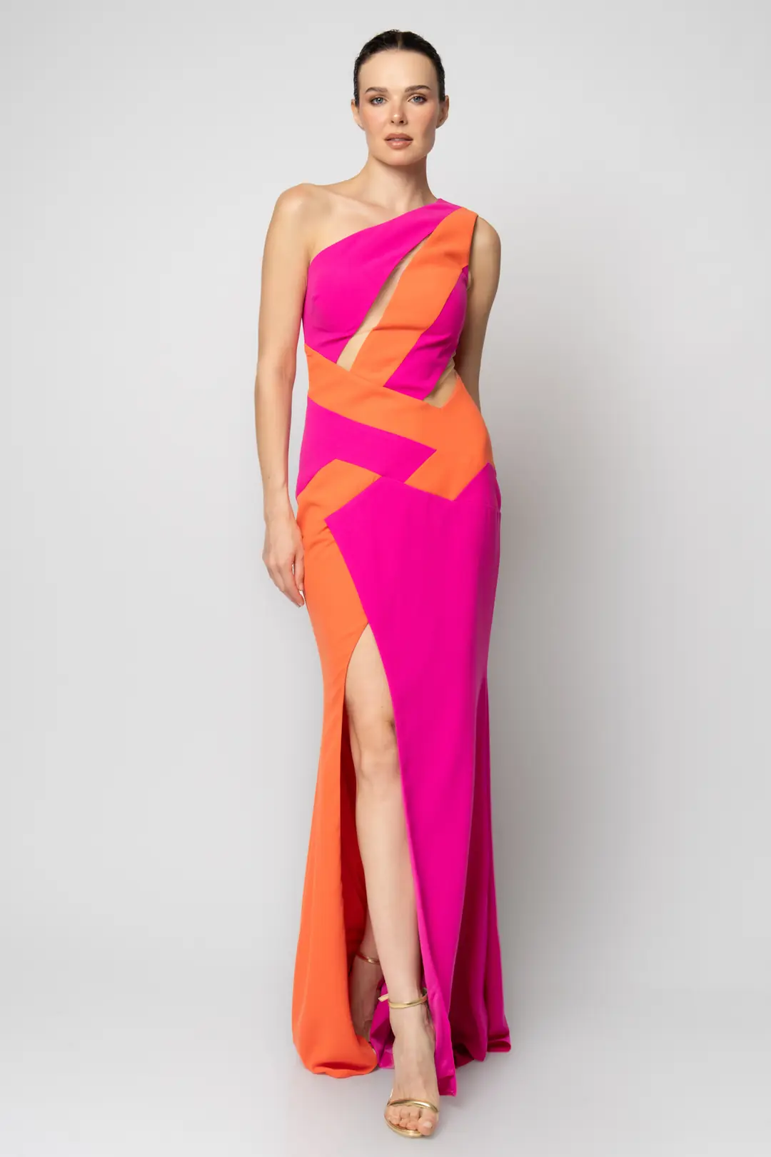 RENGIN markalı Çift renk çapraz şerit bantlı önü tül kesikli krep abiye ...