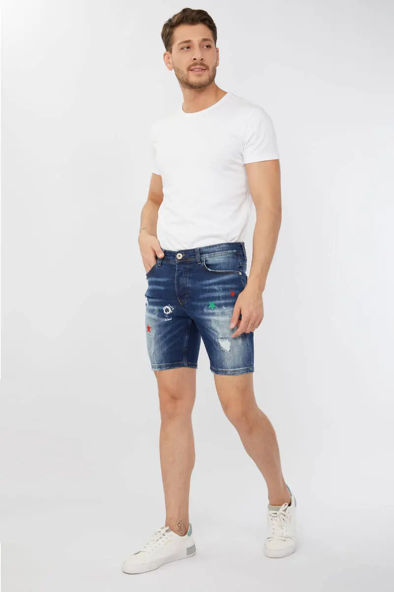 Men's Print Patterned Jean Shorts Dark Blue | Markapia