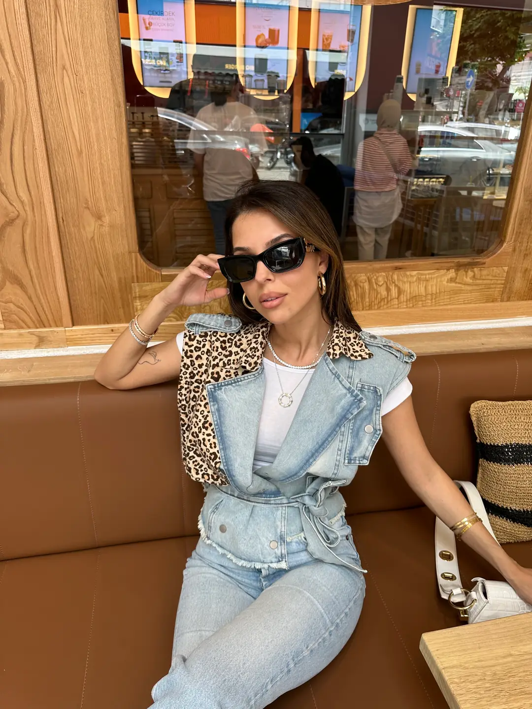 Twist model kot leopar karışımı belden bağlamalı yelek