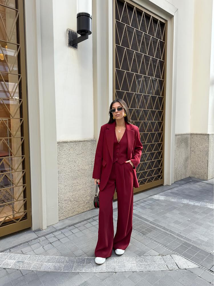 Marka model bel detaylı bordo pallazo pantolon