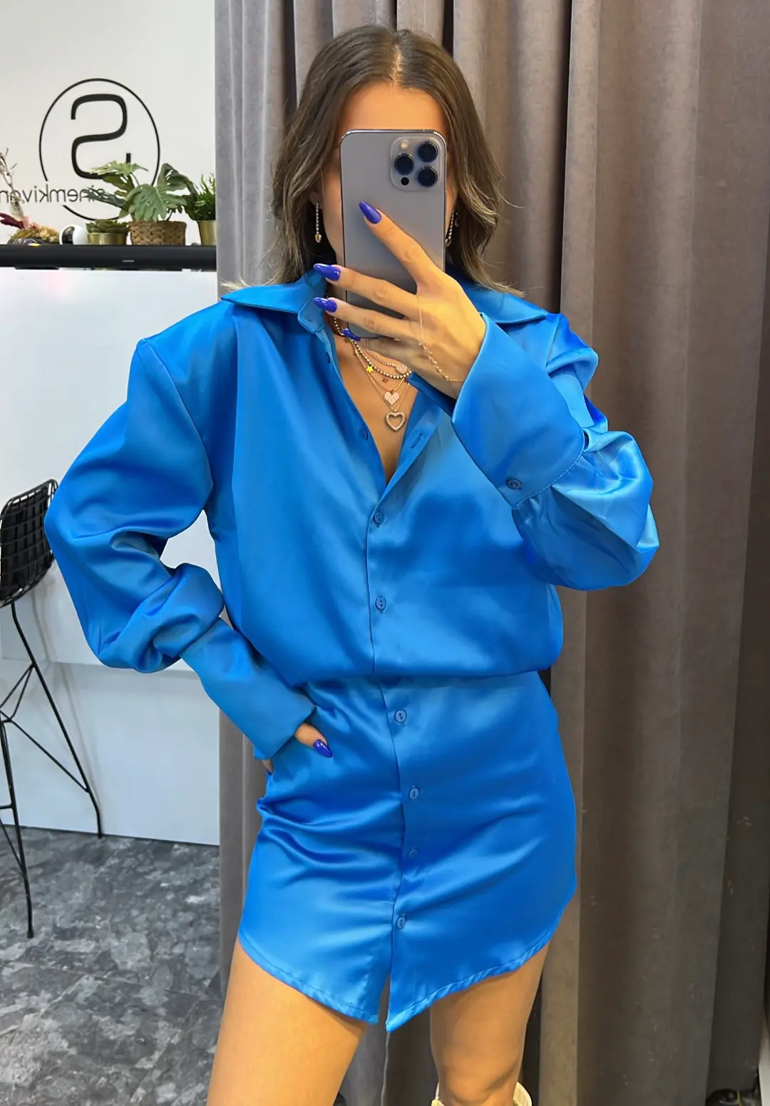 ZR MODEL tok saten kumaş mavi elbise