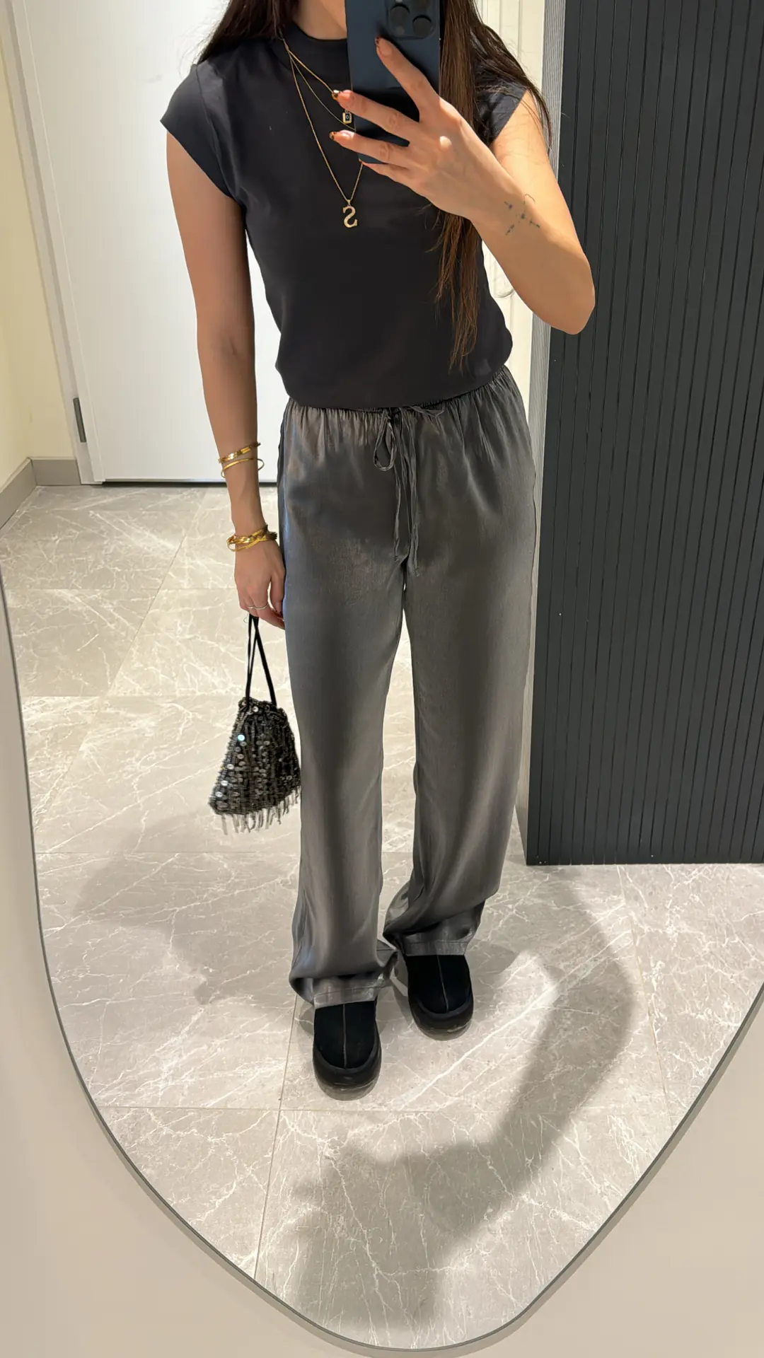 Zr model beli ipli gri parlak palazzo pantolon