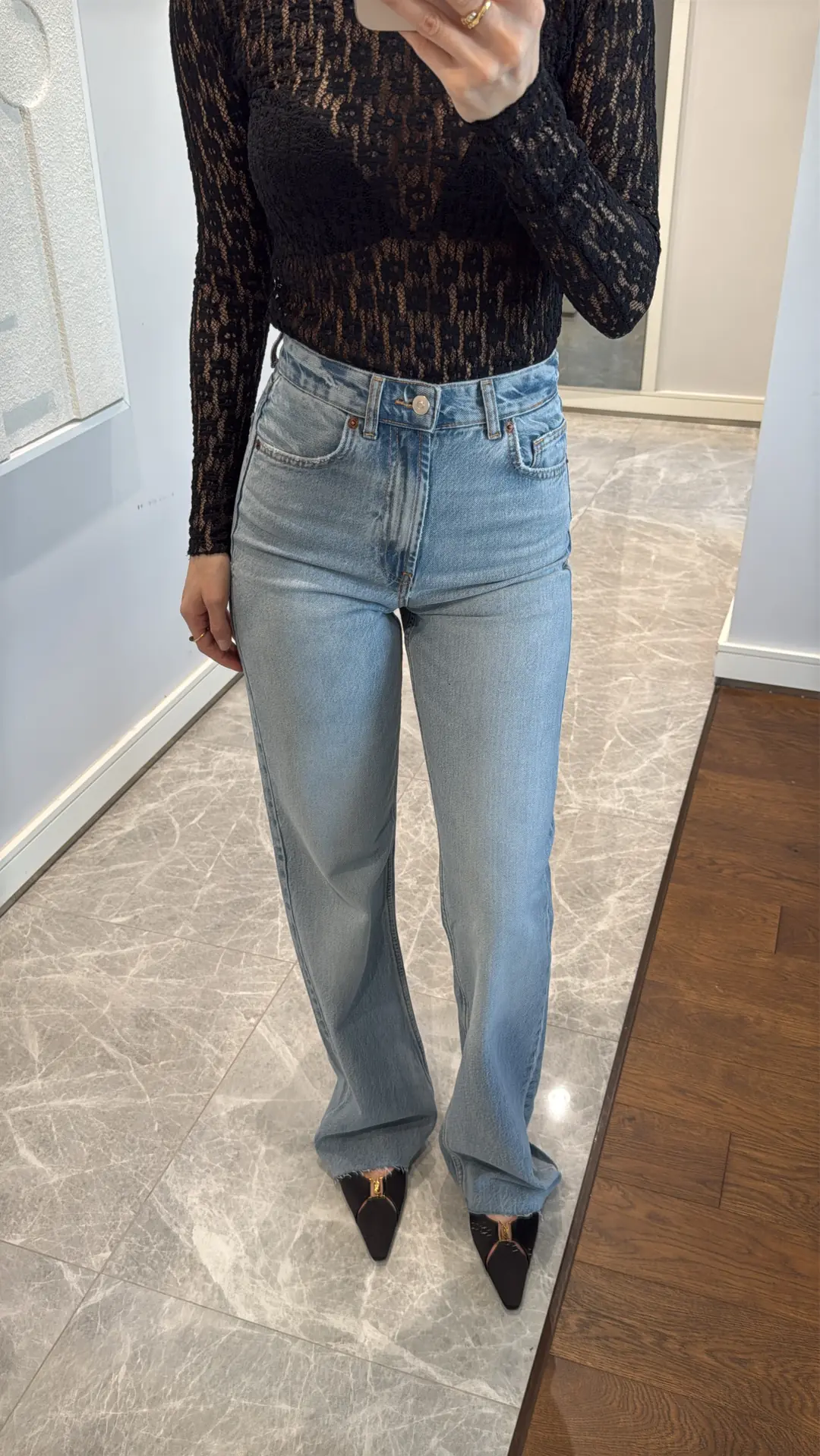 BLUE CUT-LEG PALAZZO JEANS