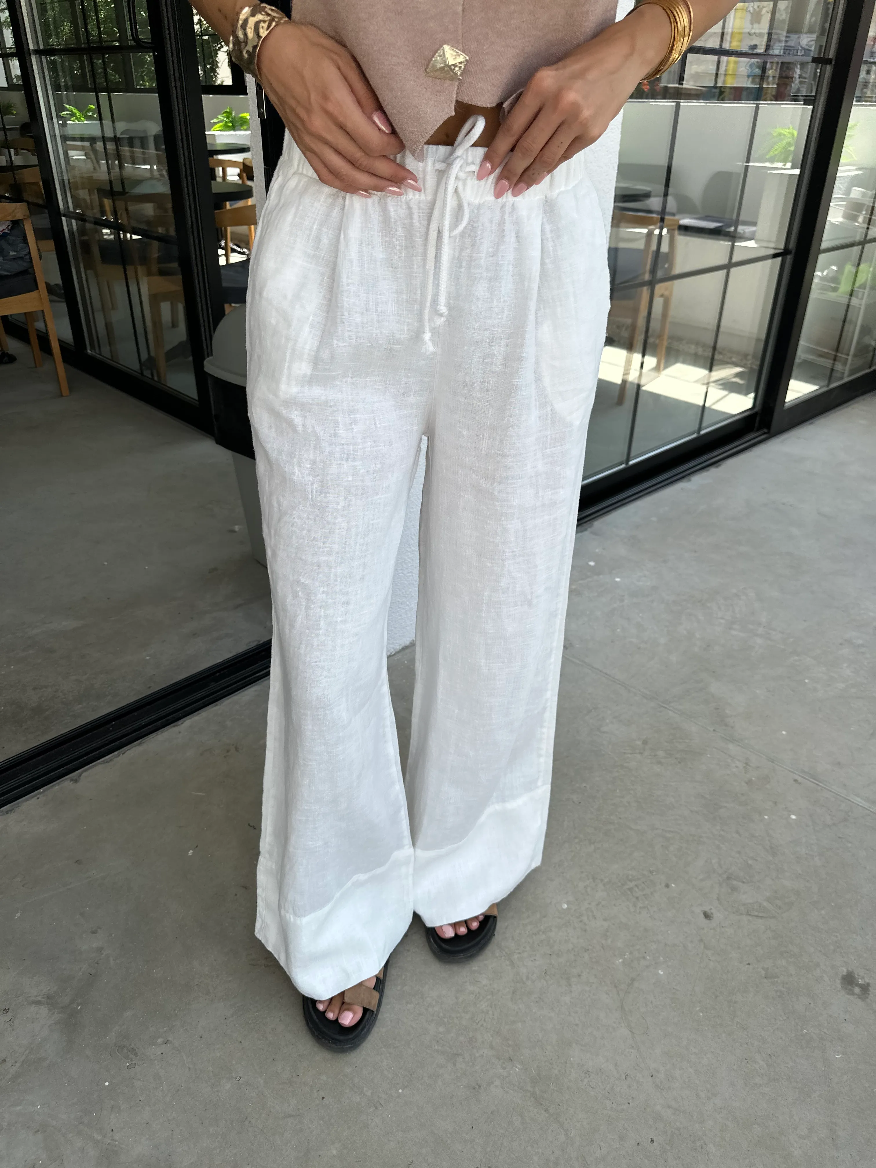 ZR model beyaz keten palazzo pantolon