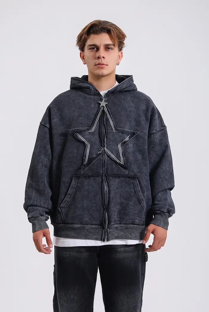 STAR Washed Siyah Oversize Boxy Full-Zip Hoodie