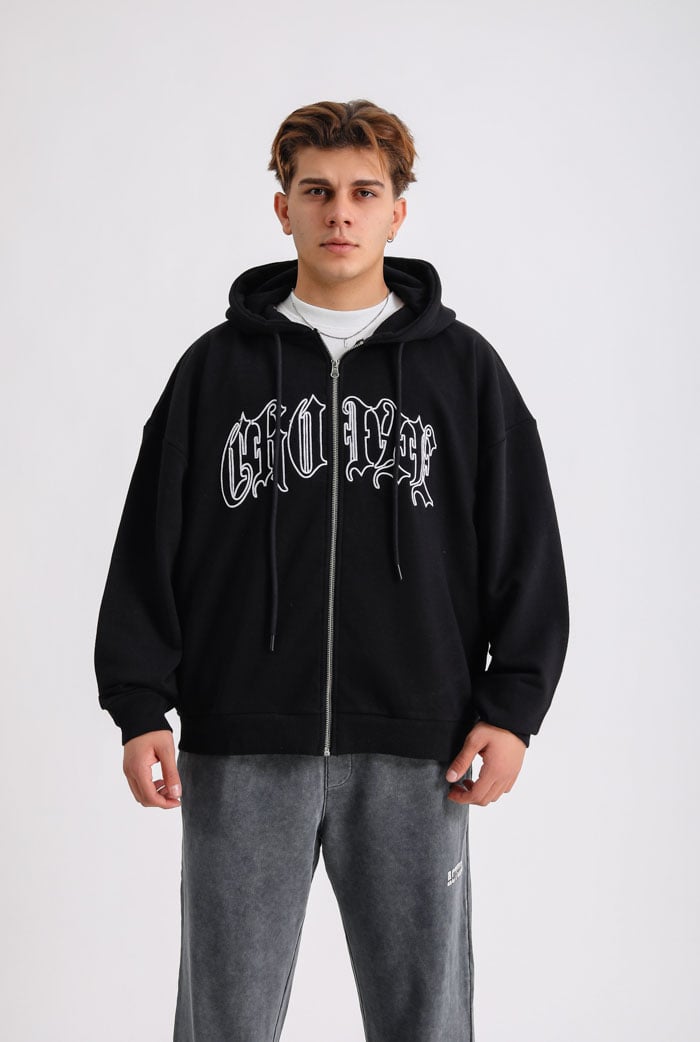 Gothic Font Nakışlı Premium Zip Oversize Hoodie