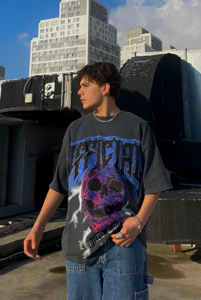 Acid Wash Skull Oversize Tişört