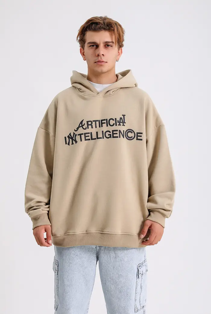 Artificial Intelligence Baskı Detaylı Diogonal Koyu Bej Premium Oversize Hoodie