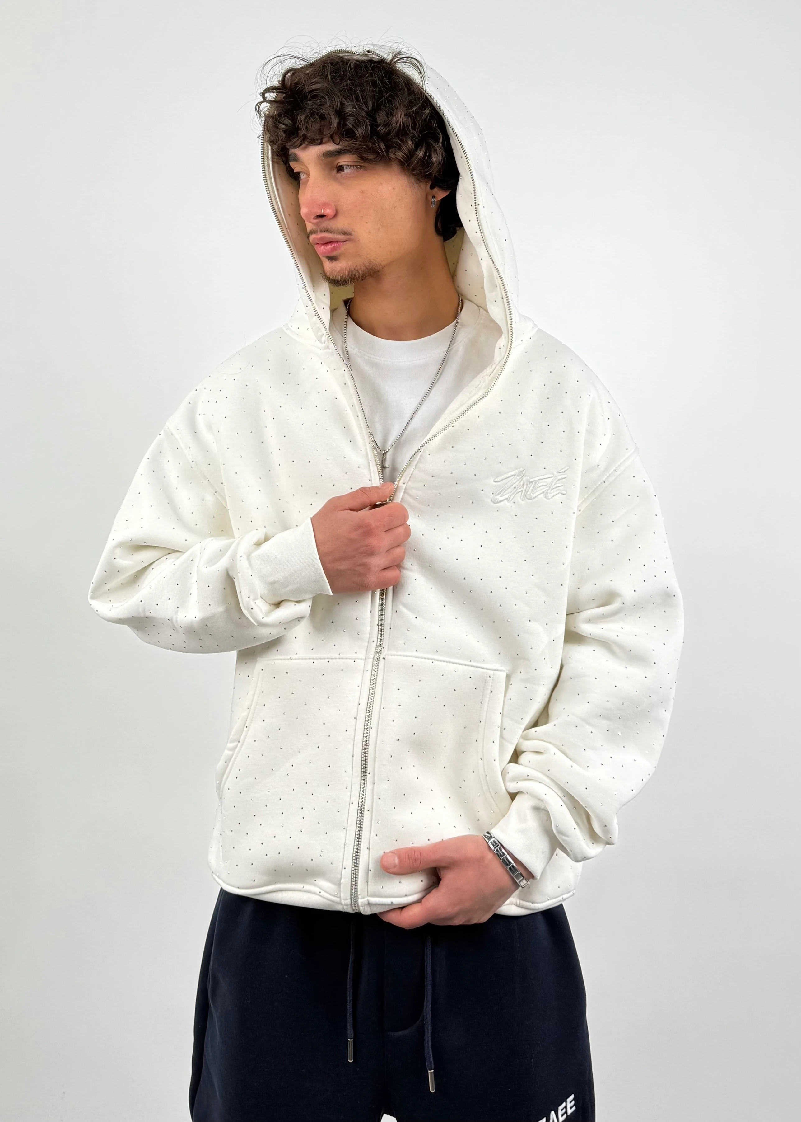 Full Taşlı ZAEE Nakışlı Oversize Zipp Hoodie