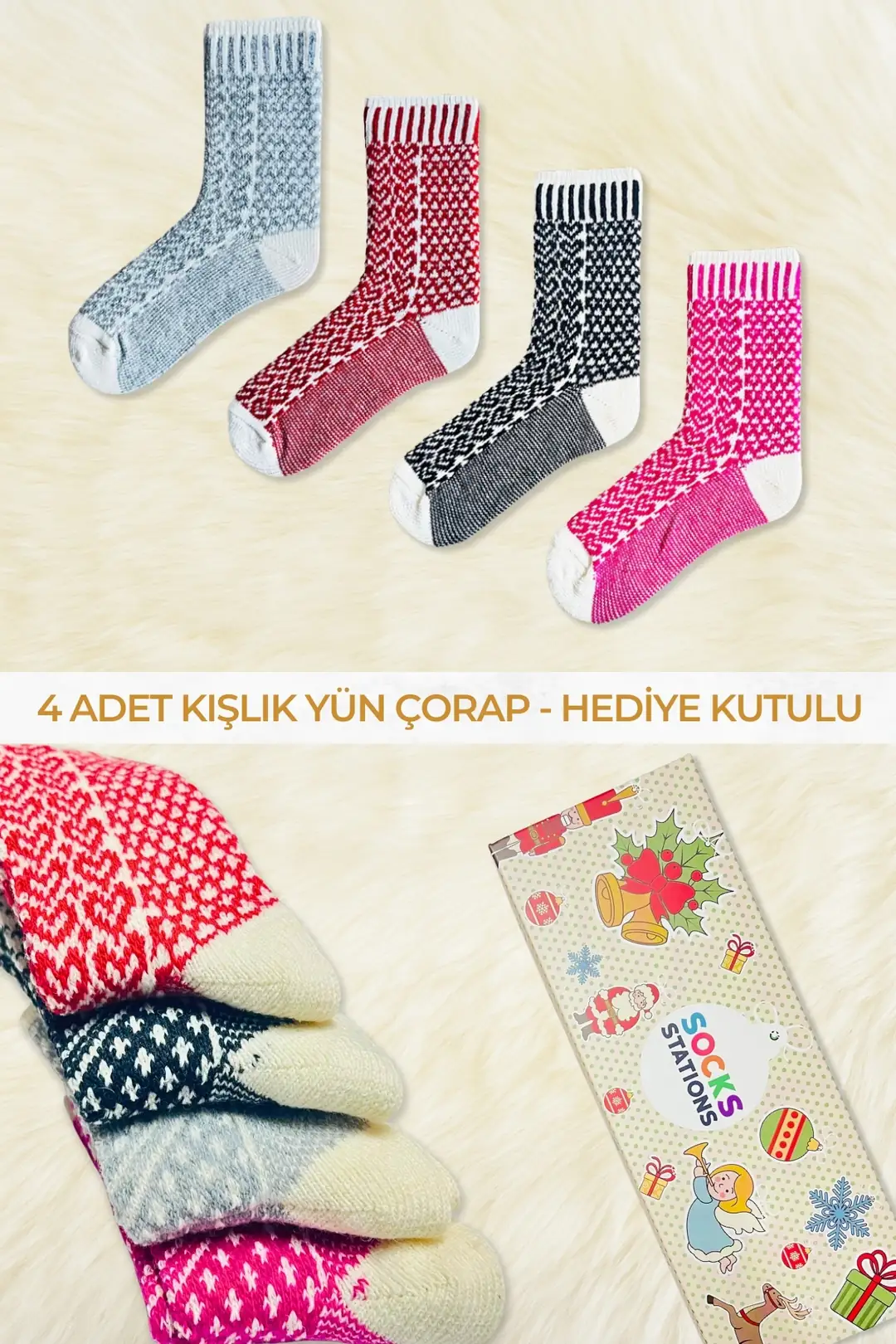 Kalp Desenli Renkli Yün Çorap Kutusu 4'lü