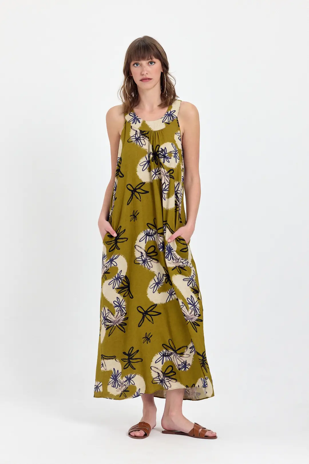 Halter yaka sırtı fiyonklu maxi elbise olea desen