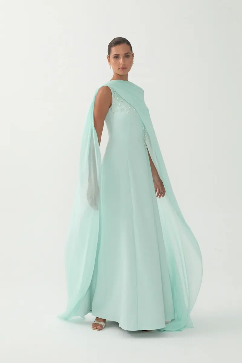 R194 - Boat Neckline, Asymmetrical Chiffon Cape from Shoulder, Hand ...