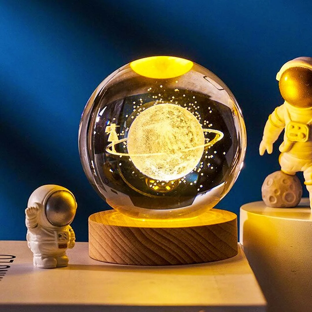 Satürn - Led Işıklı, Ahşap Standlı ve USB'li Büyük Boy Cam Küre