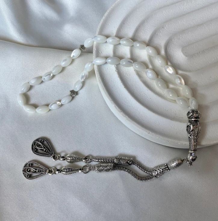 Sedef Taşı Doğal Taş Arpa Kesim Tesbih - Elifsu Jewelry