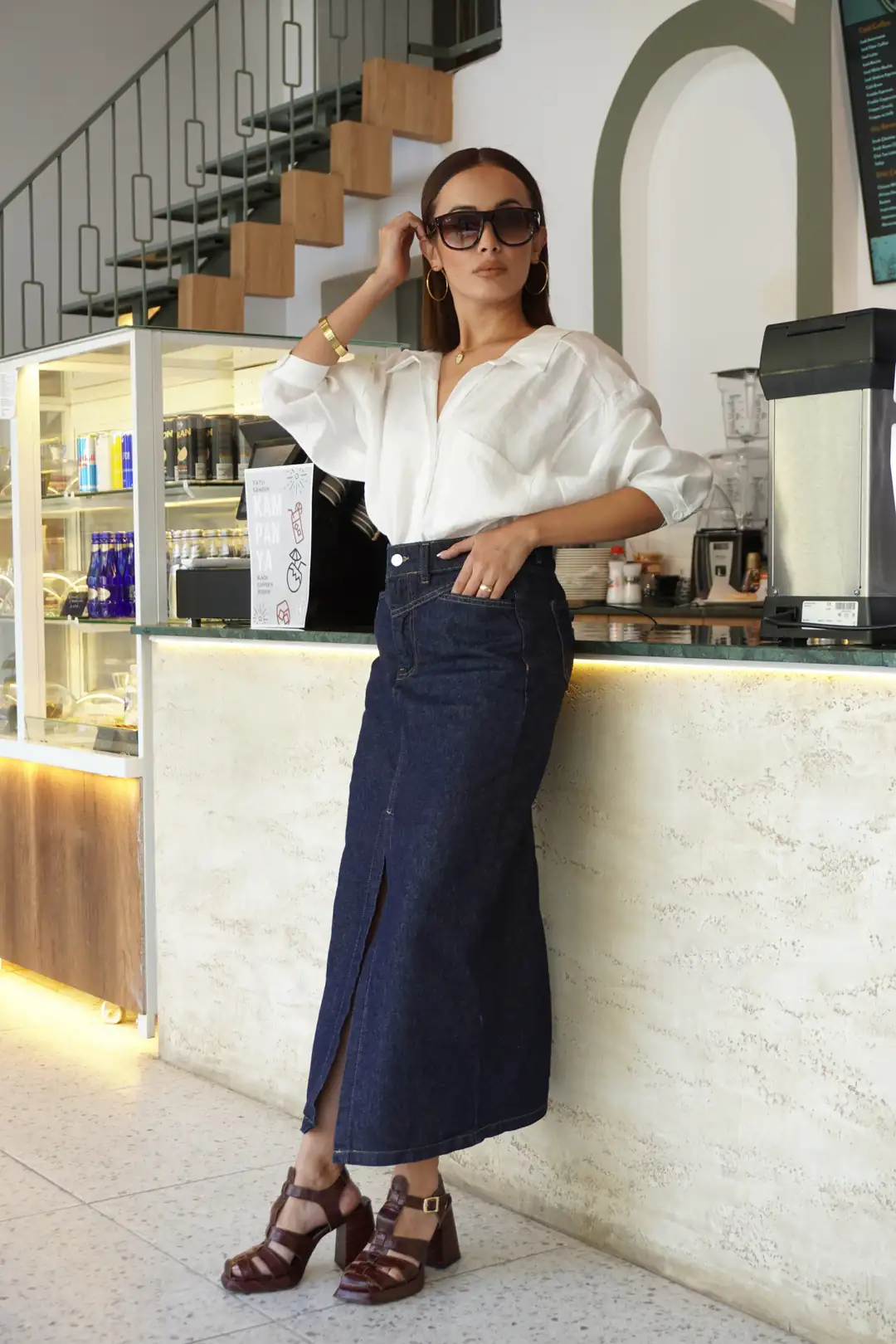 Yırtmaç Detaylı Denim Etek