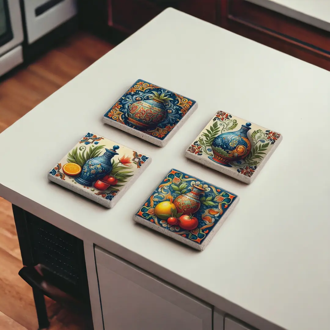 Çini Vazo Temalı Spanish Talavera Tile Doğal Taş Traverten Bardak ...