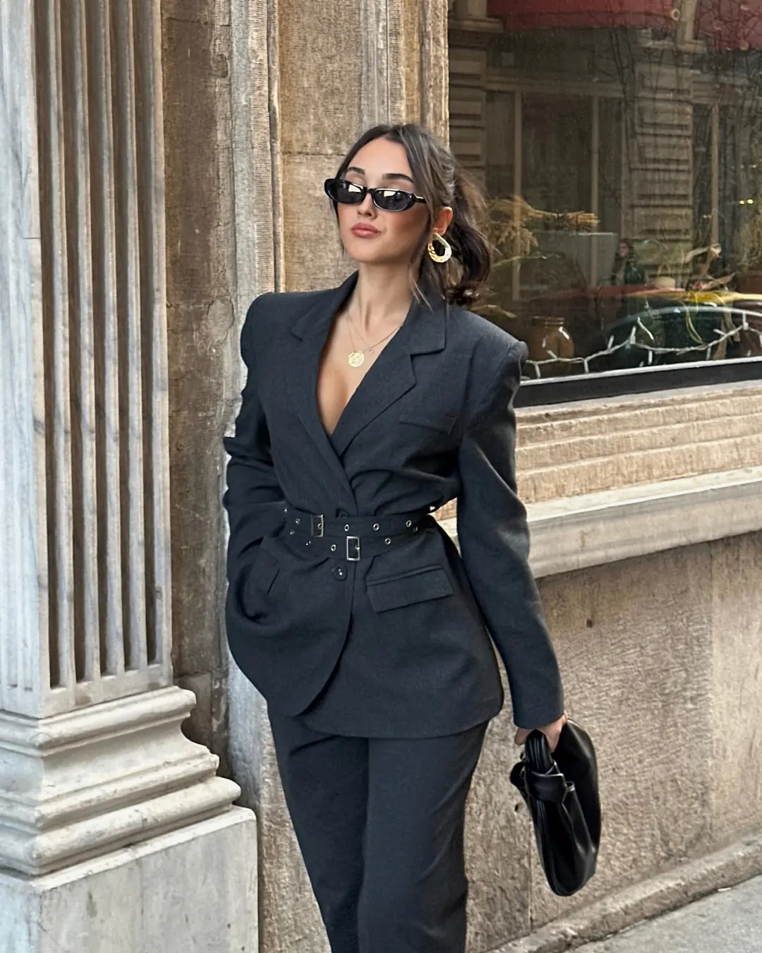 CHİARA DARK GREY KEMERLİ BLAZER CEKET PANTOLON TAKIM