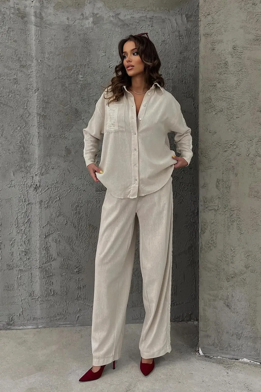 Bej İp Püskül Tasarımlı Premium Keten Takım