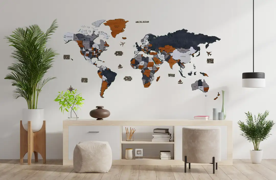 Colorful Wooden World Map, Handcrafted 3D wooden world map