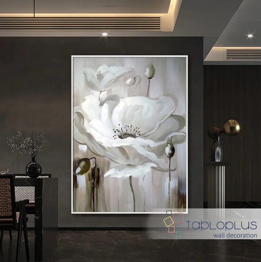 Classic White Flower Yağlı Boya Dokulu Tablo - Tablo Plus