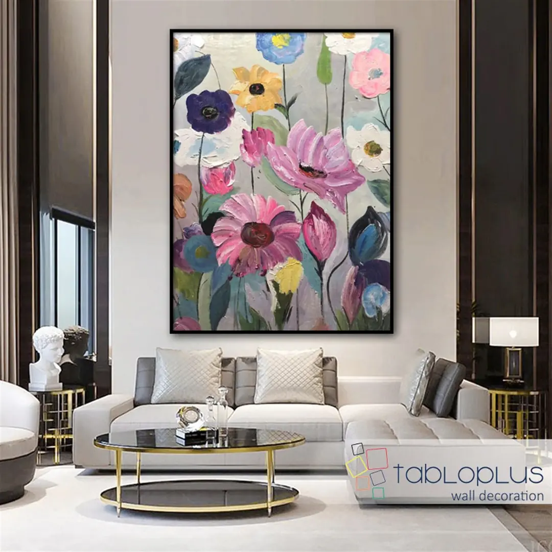 Pink Blue Flowers Yağlı Boya Dokulu Tablo - Tablo Plus