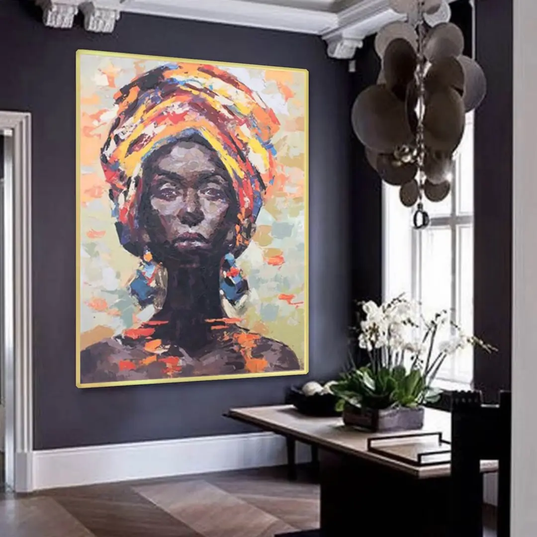 Soyut Renkli Küpeli Zenci Kadın Yağlı Boya Tablo - Tablo Plus