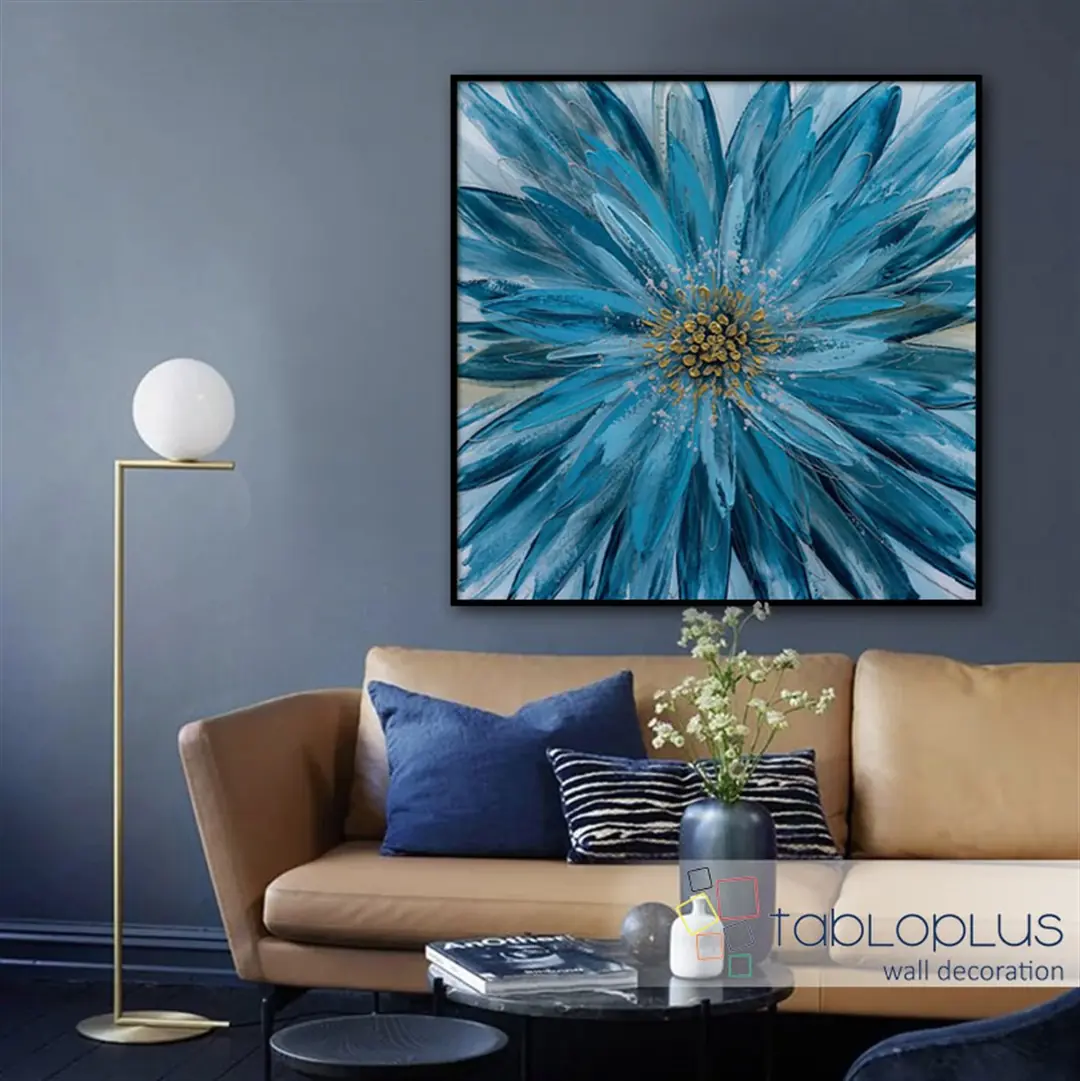 Blue Flower with Gold Yağlı Boya Dokulu Tablo - Tablo Plus