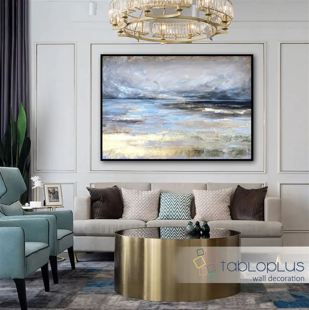 Abstract Sea View Painting wlth Gold Foil - Tablo Plus