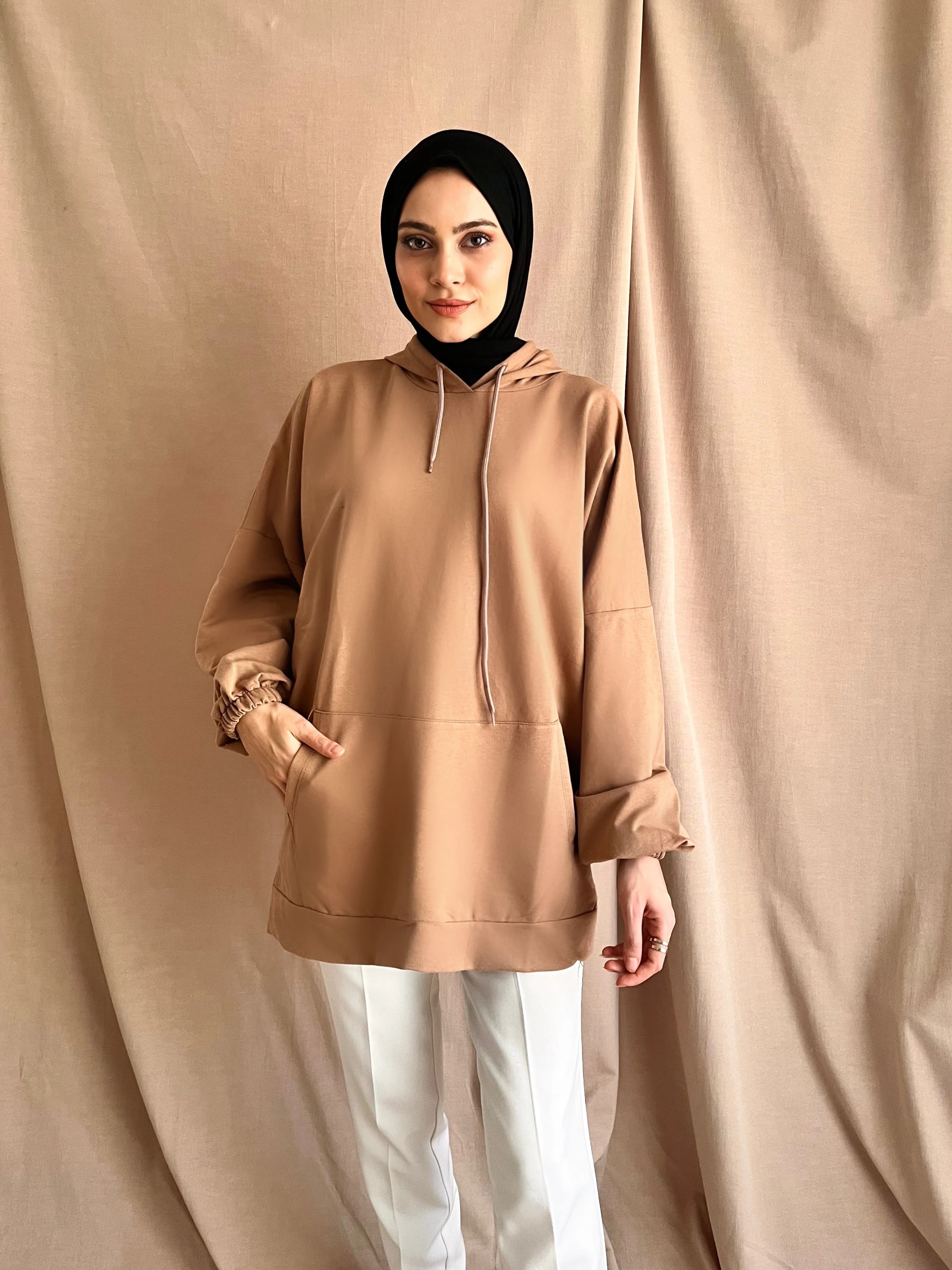 BALON KOL KAPÜŞONLU SWEAT CAMEL