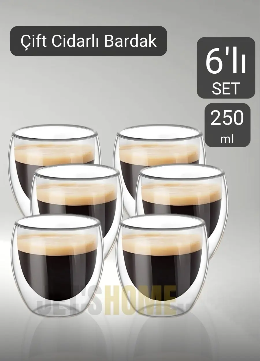 6'lı Cappuccino Bardağı - 250 ml Çift Cidarlı Set