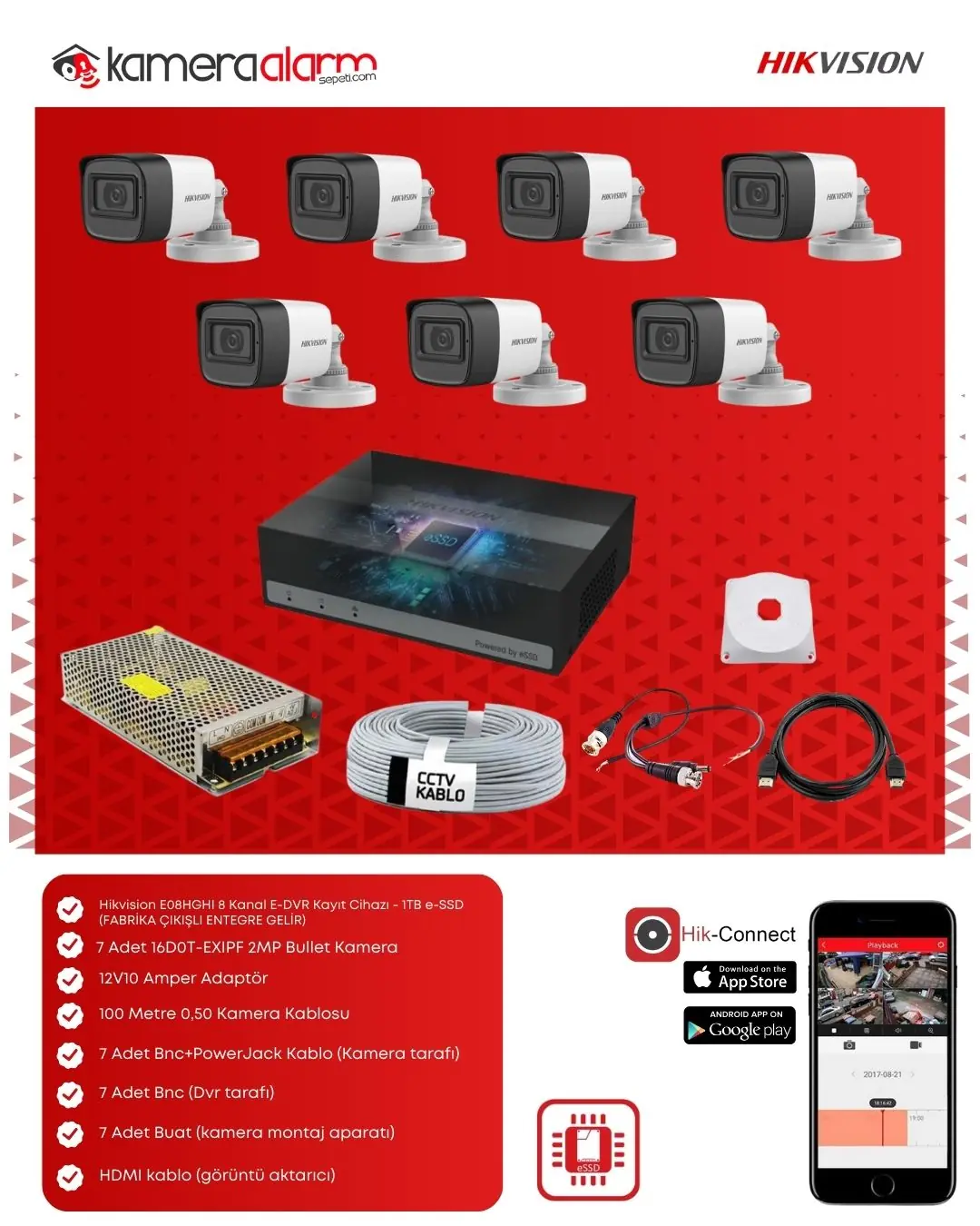 Hikvision 7 Kameralı Gece Görüşlü Kamera Seti