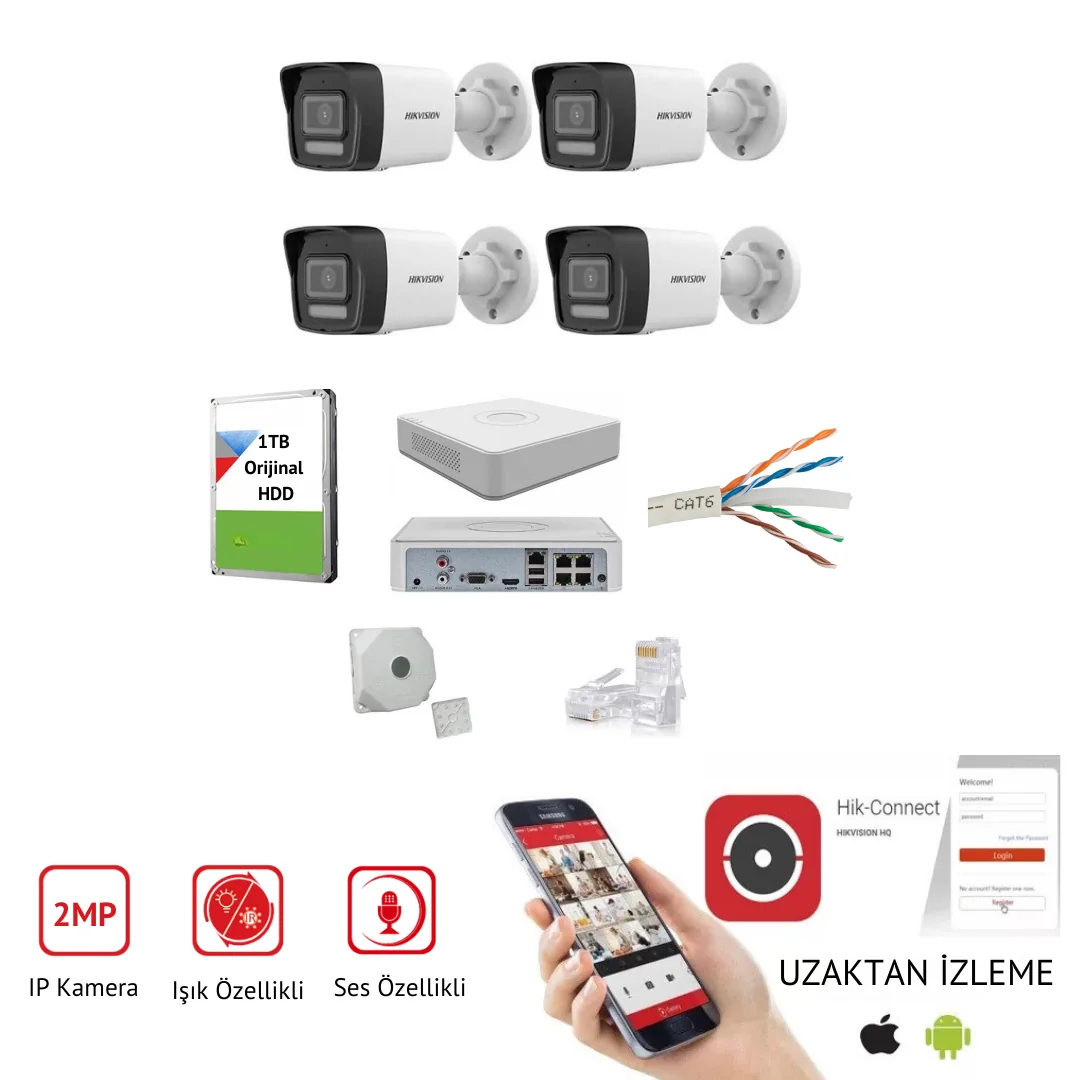 Hikvision 4 Kameralı 2MP Mikrofonlu Gece Renkli Görüşlü IP Kamera Seti