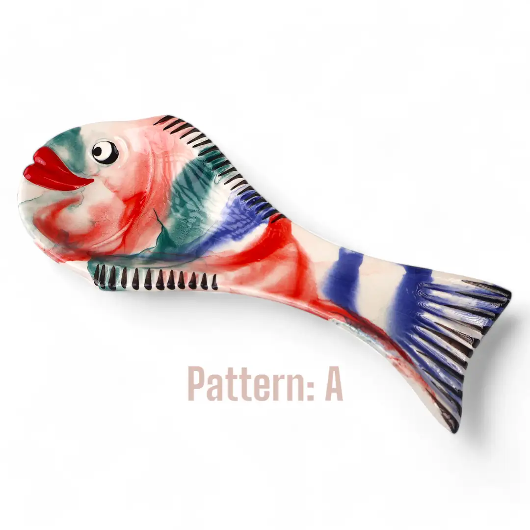 Artisan Fish Shaped Hand Painted Ceramic Spoon Rest - Marbling Effect