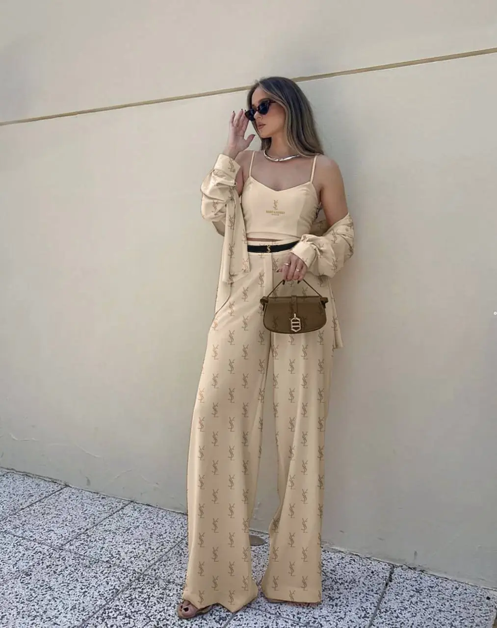 İthal Ysl Double Dubai Kumaş Flok Deteylı Kumaş 3’lü Takım Kemer Dahil