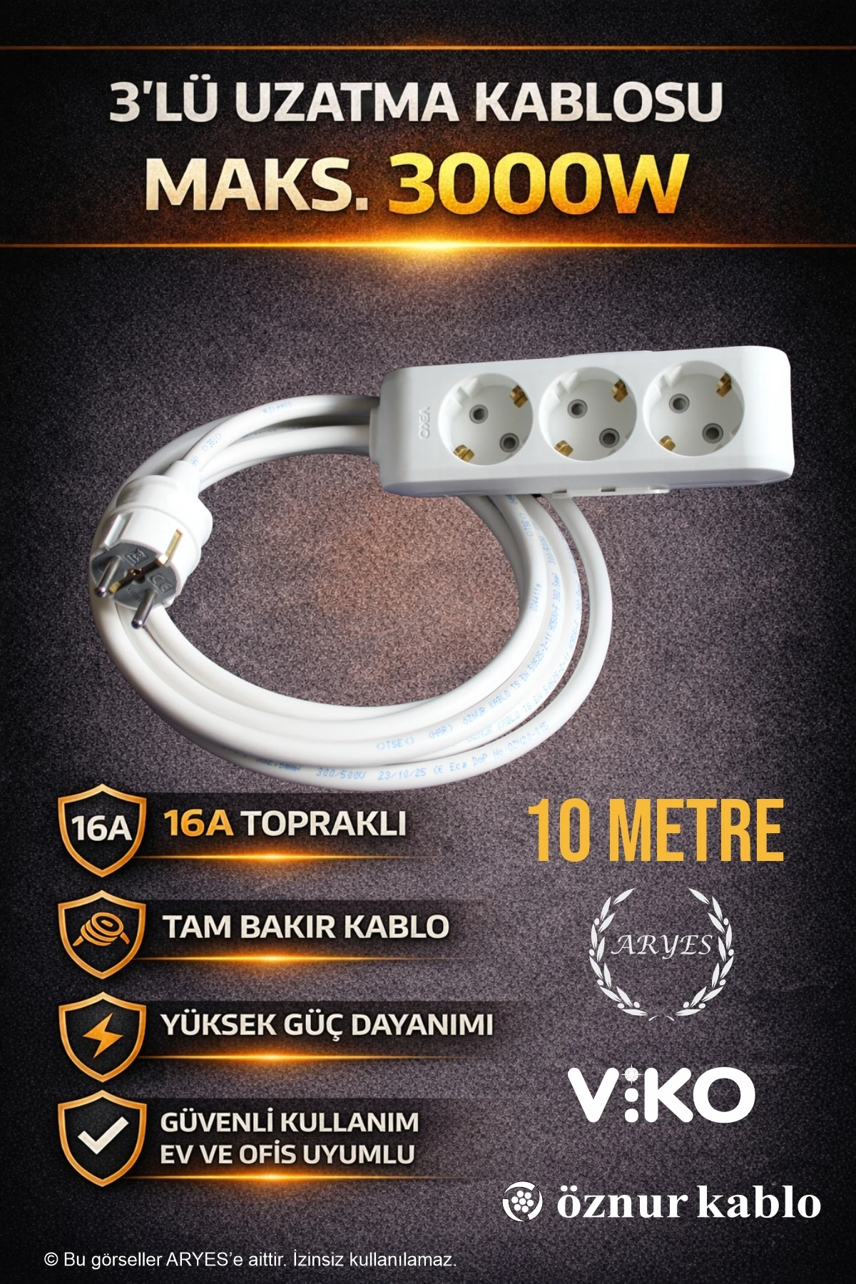 3’lü 10 Metre Uzatma Kablosu 3x2,5 TTR Tam Bakır Kalın Kablo 3000W Güv