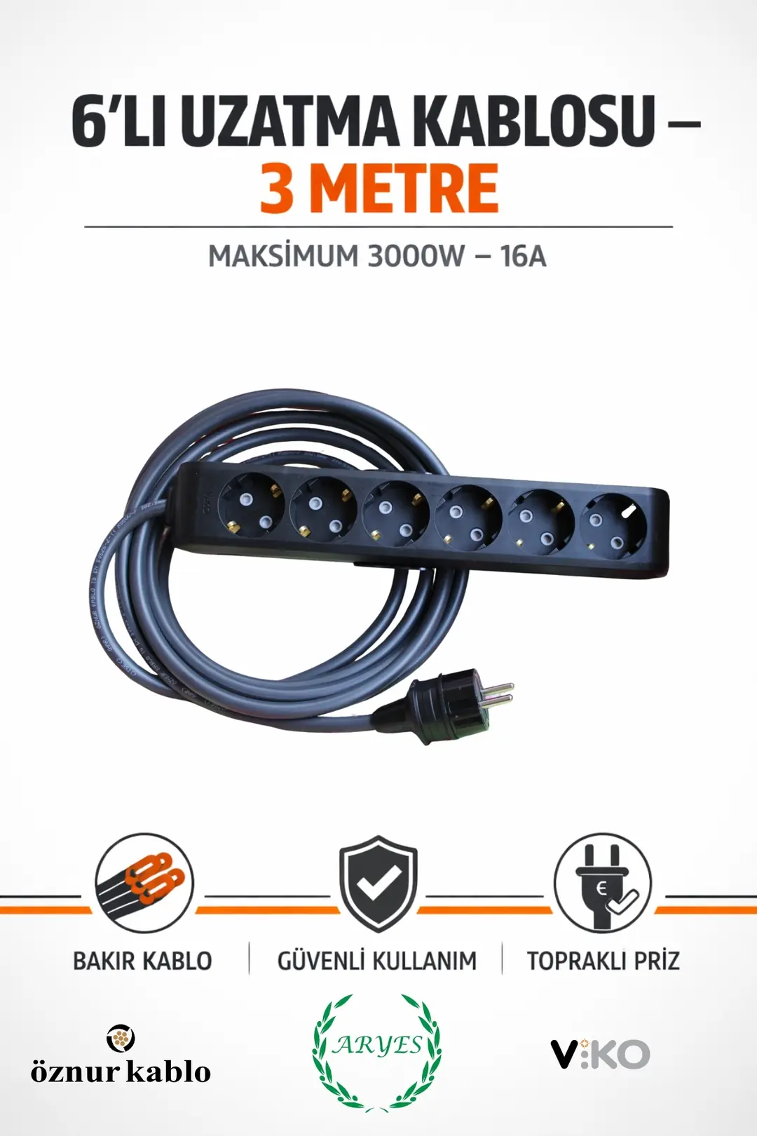 6’lı Uzatma Kablosu 3 Metre 3x2.5 TTR Tam Bakır Topraklı Priz 3000W Da